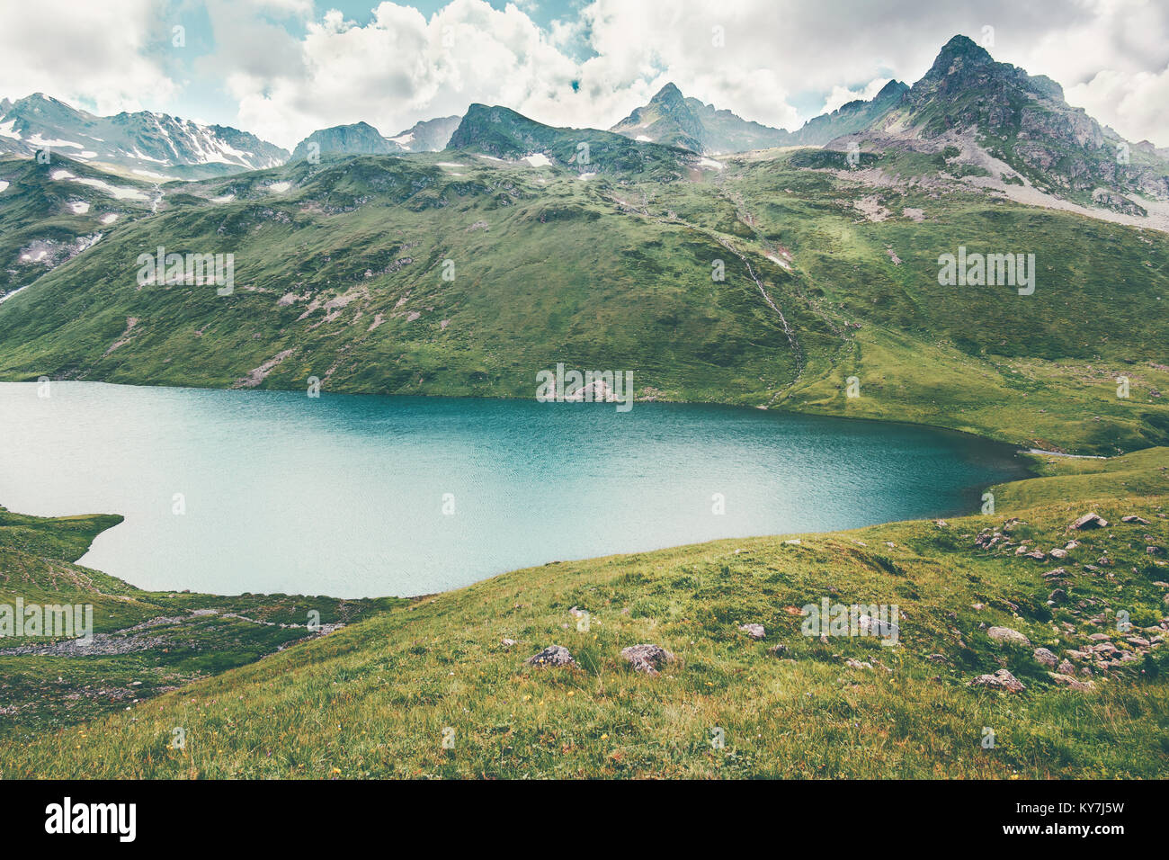 Lake and Mountains range Landscape Summer Travel serene scenic aerial ...