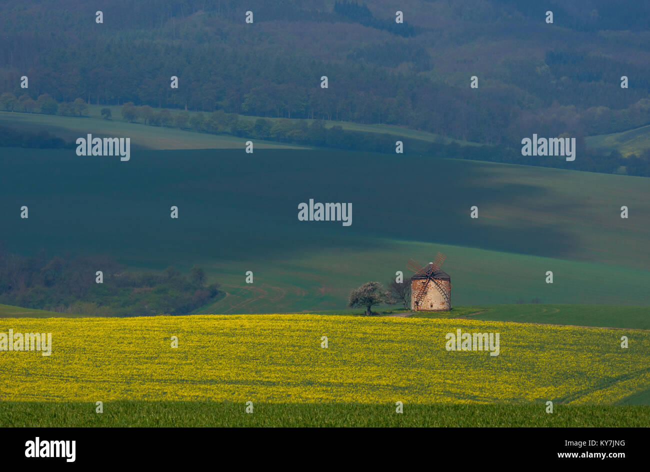 Rural abstract landscape with rolling hills and windmill in South ...