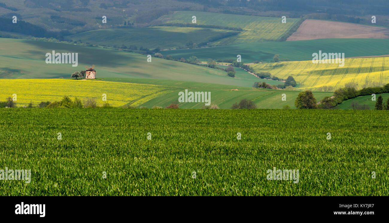 Rural abstract landscape with rolling hills and windmill in South ...