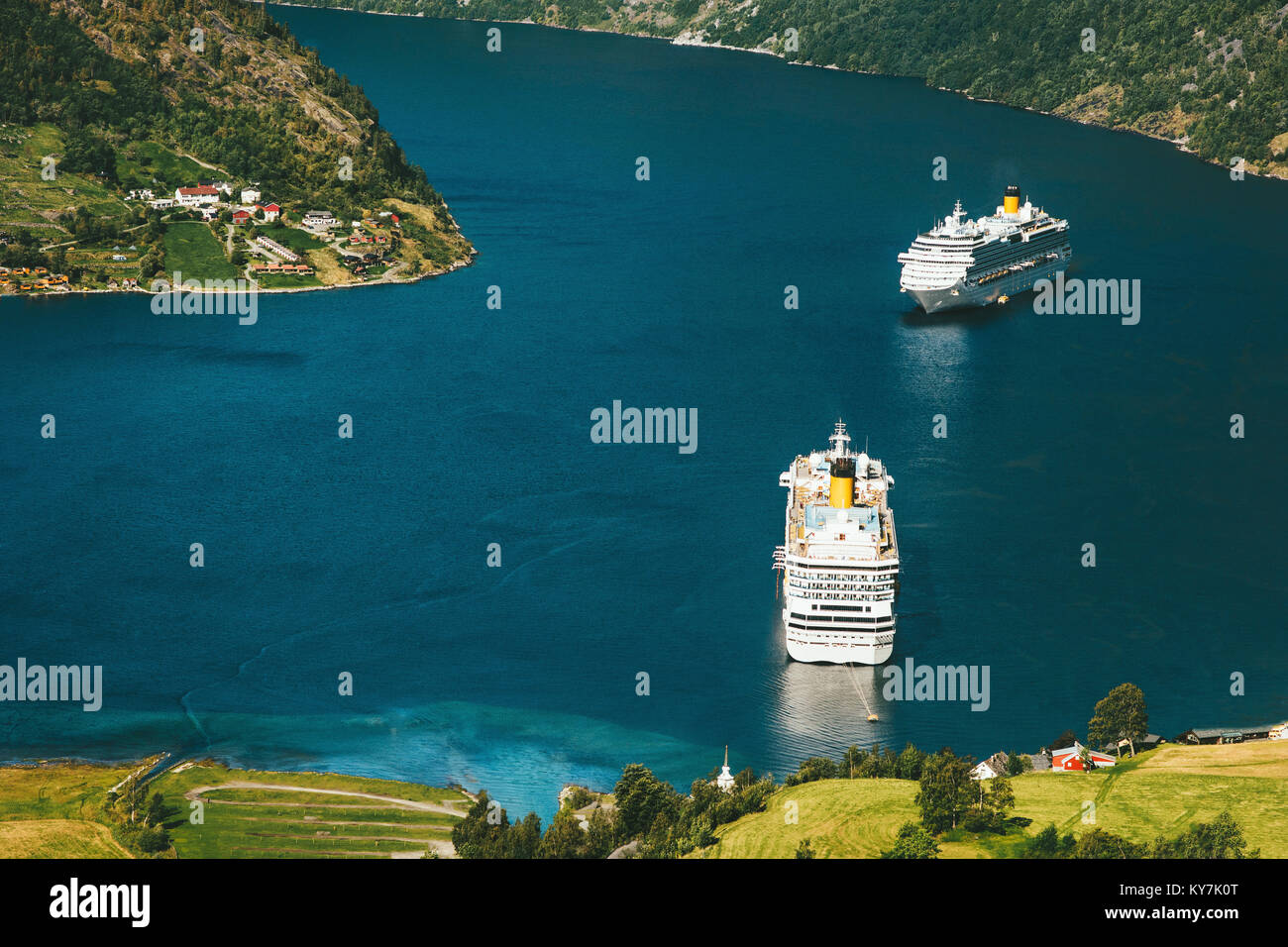 Geiranger fjord and ferry ships Landscape in Norway Travel scenic ...