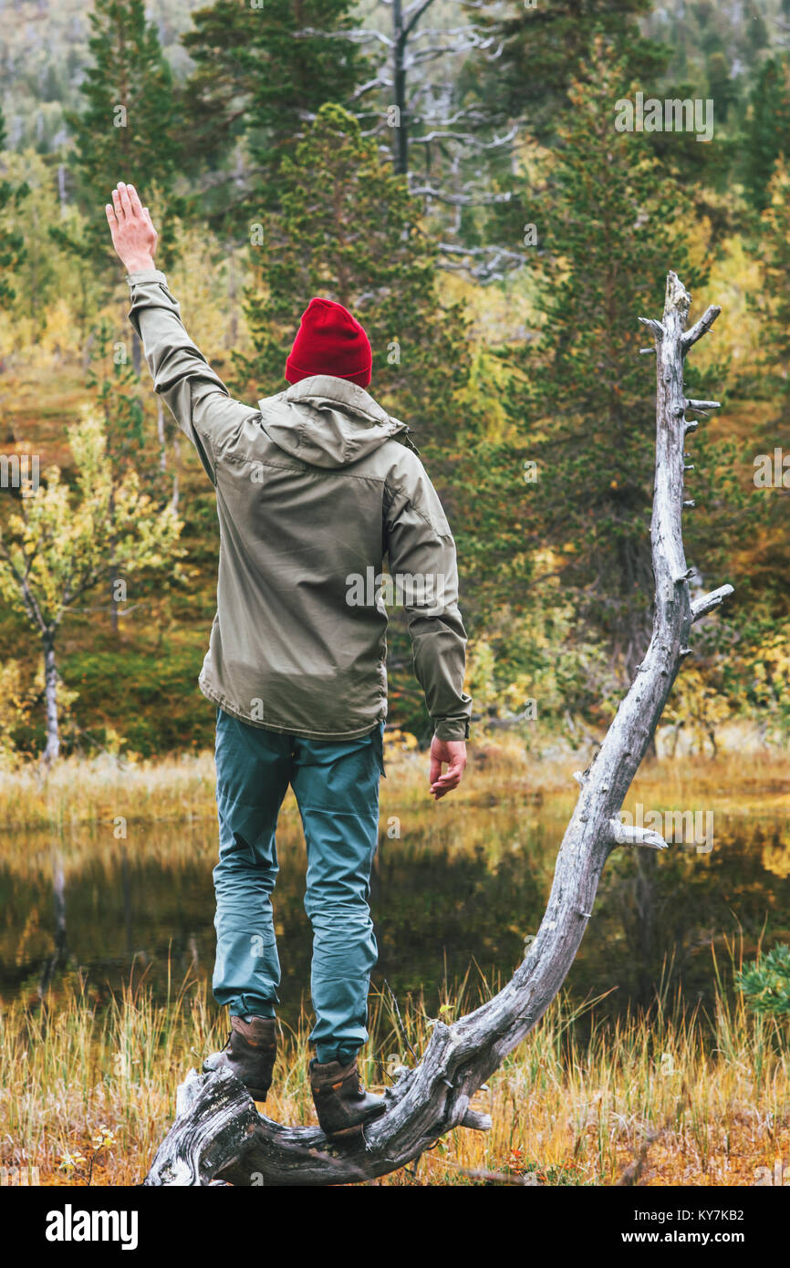 Man traveler in forest landscape Travel lifestyle adventure concept ...