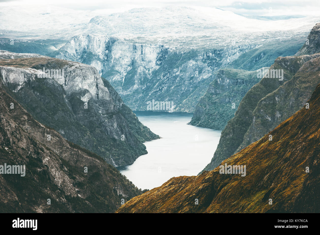 Fjord and Mountains Naeroyfjord Landscape aerial view in Norway ...