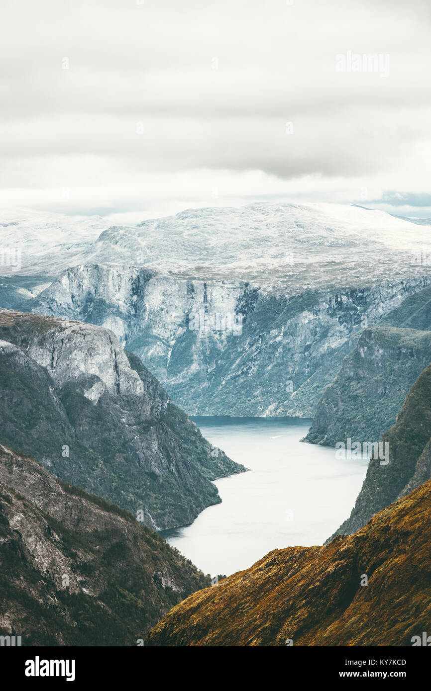 Fjord and Mountains Naeroyfjord Landscape aerial view in Norway ...