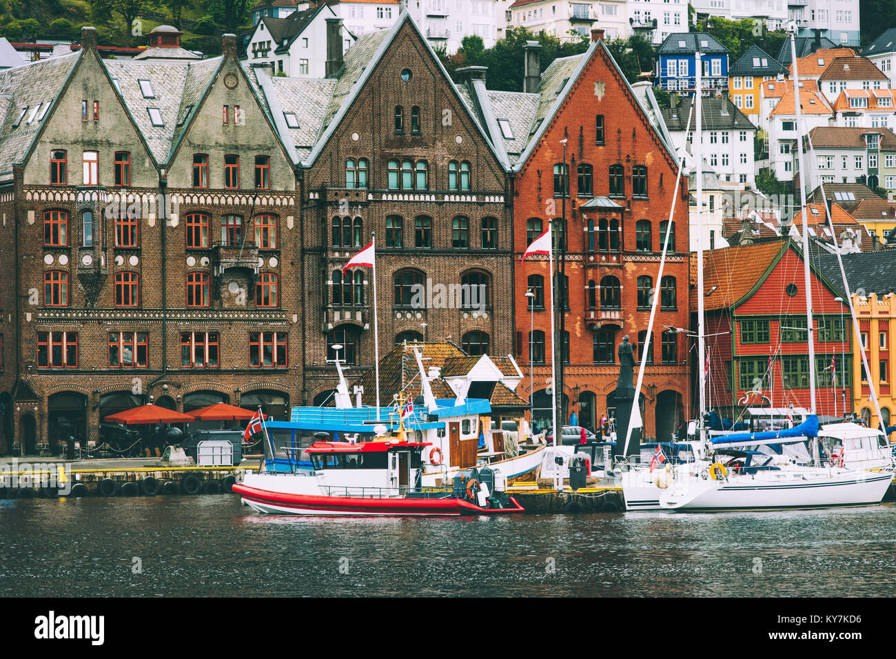 Bergen city Bryggen street old historical houses in Norway cityscape scandinavian traditional ...