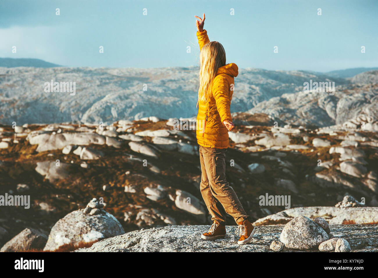 Young Woman outdoor enjoying mountains view Travel Lifestyle happy ...