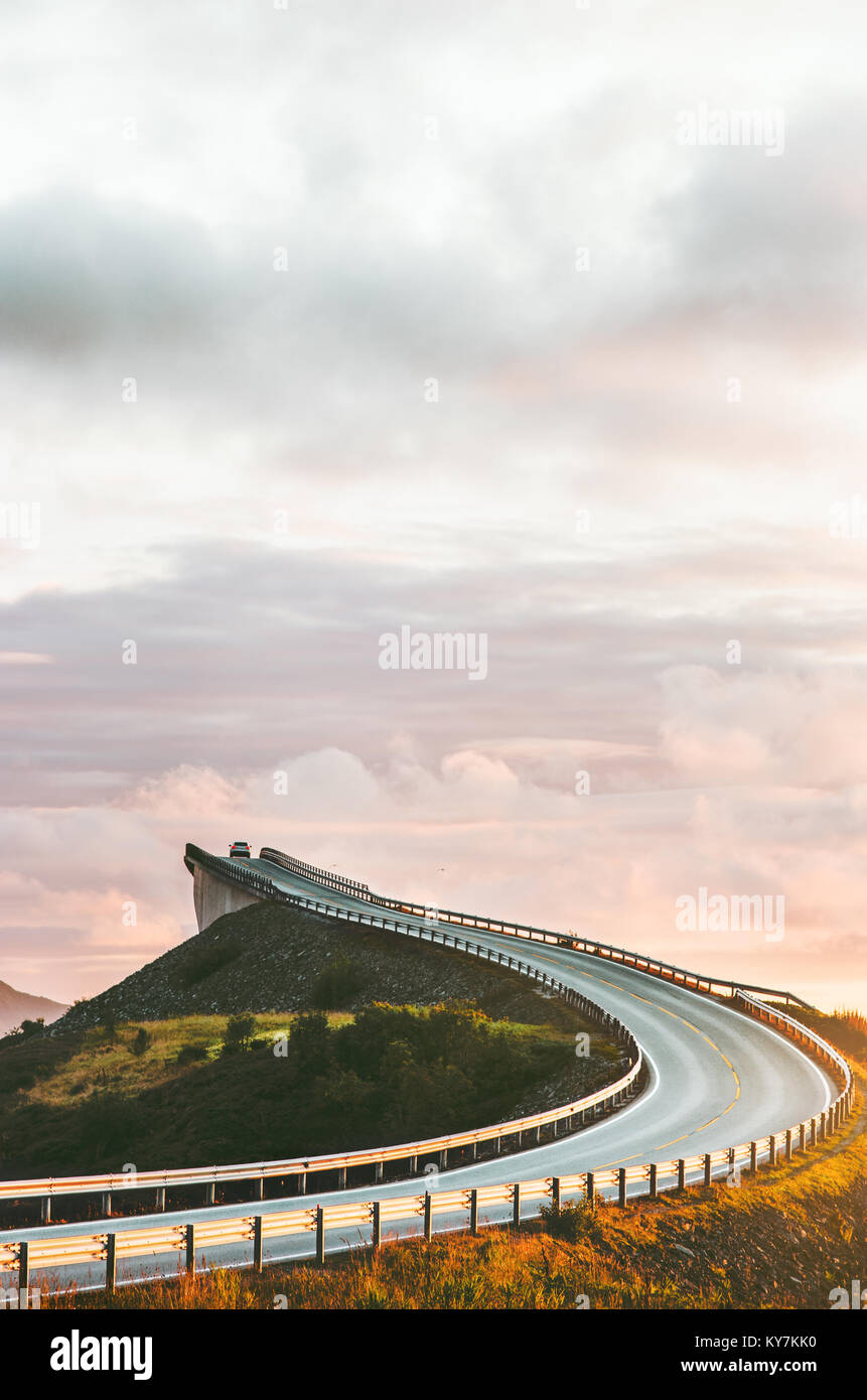Atlantic road in Norway Storseisundet bridge over ocean way to clouds ...