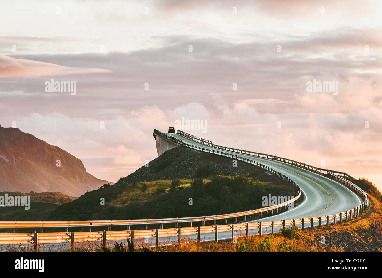 Atlantic road in Norway Storseisundet bridge over ocean way to clouds ...