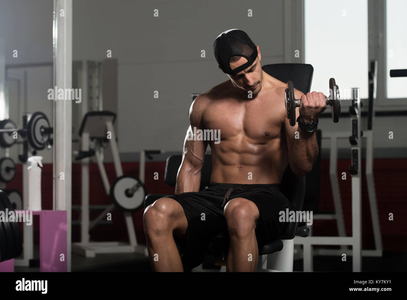 Man Working Out Biceps In A Gym - Dumbbell Concentration Curls Stock ...