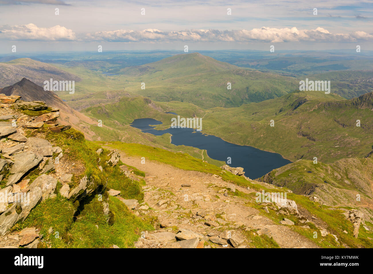 View from the summit of Mount Snowdon, Snowdonia, Gwynedd, Wales, UK ...