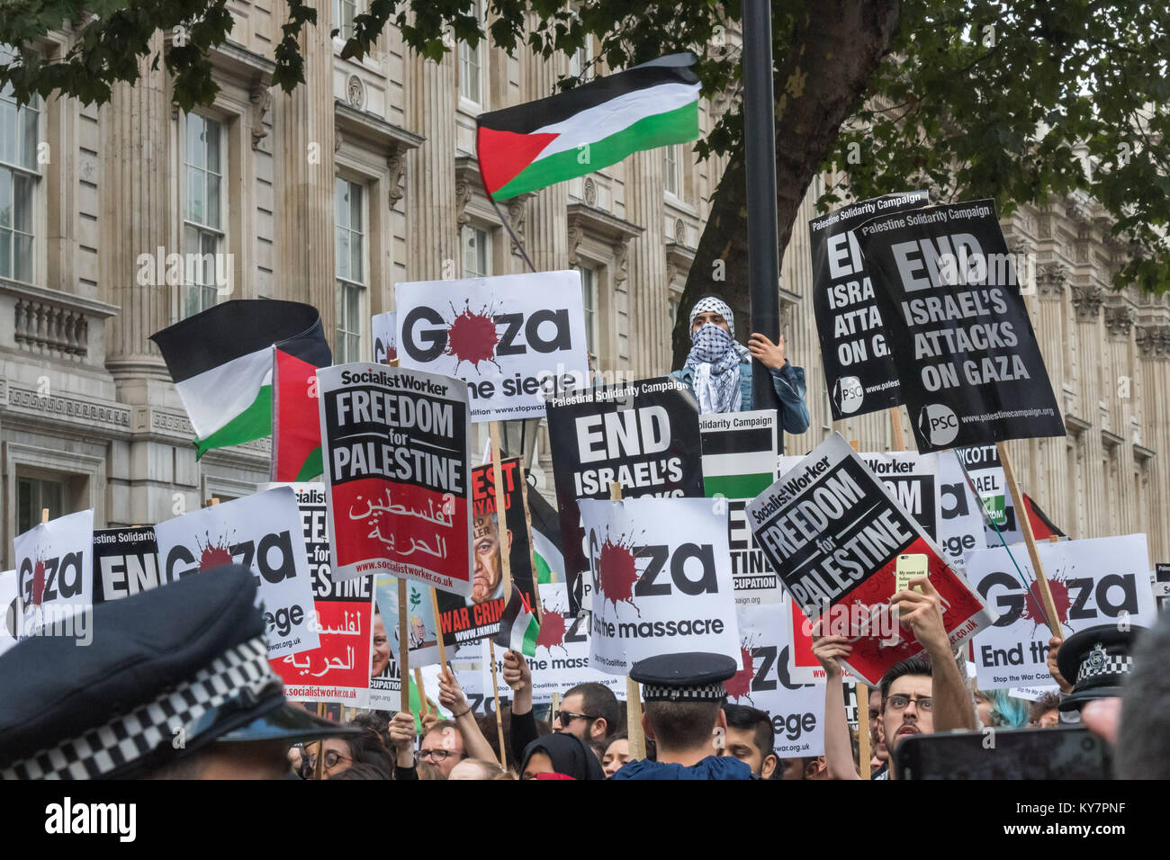A man up a lamp post holds a Palestinian flag above the placards of the ...