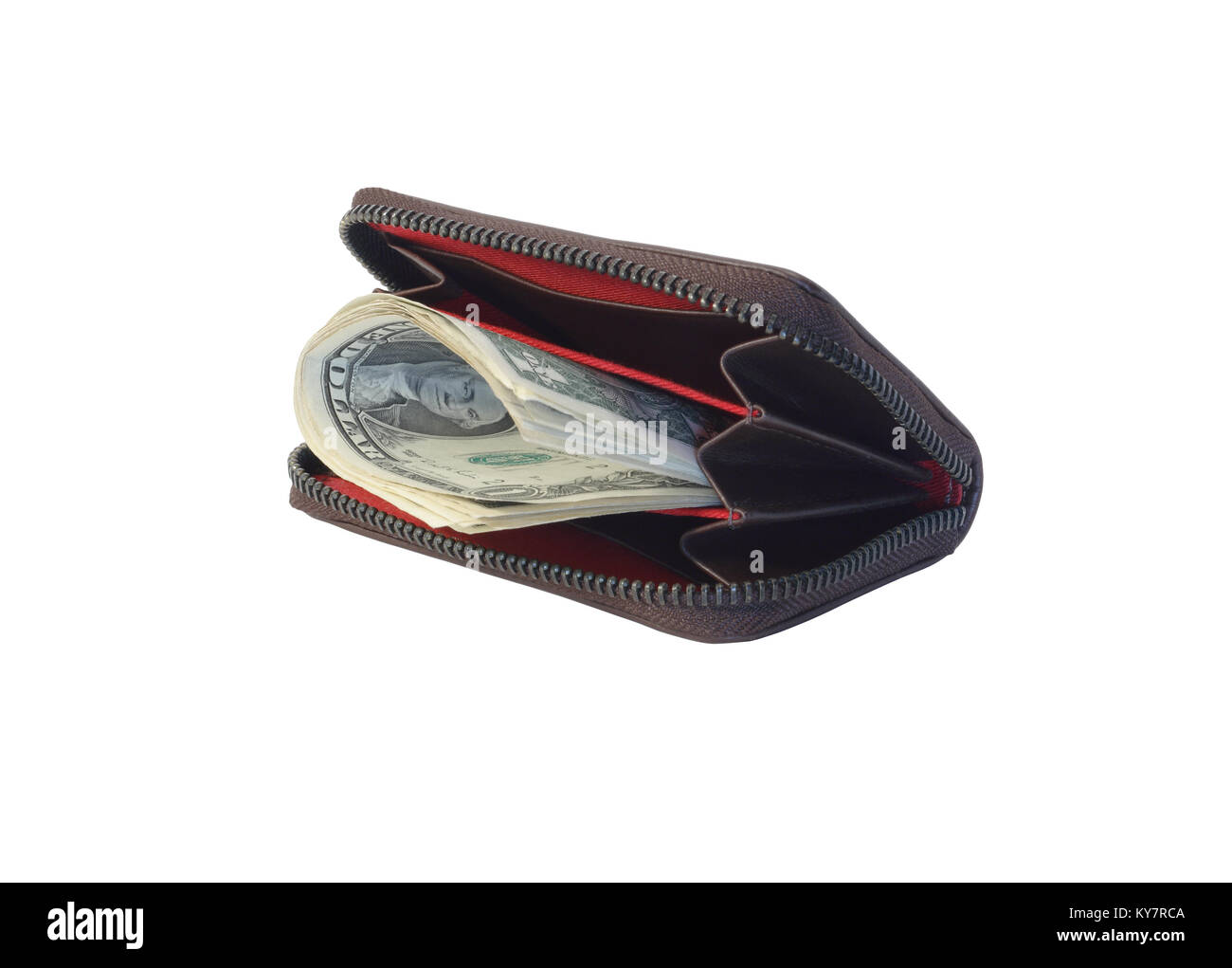 One dollar bank notes inside modern purse. Isolated on white with ...