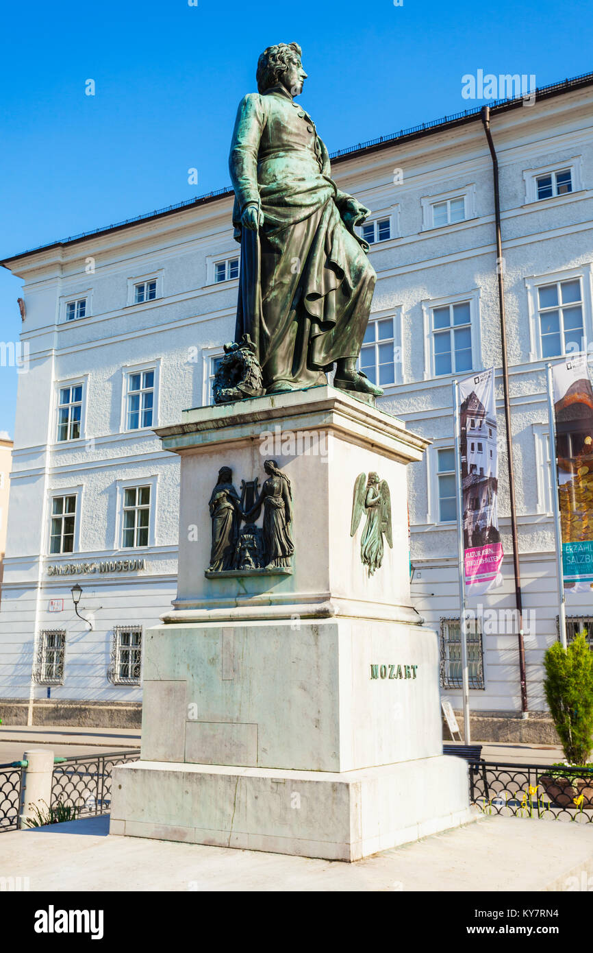 SALZBURG, AUSTRIA - MAY 18, 2017: Mozart monument statue at the ...