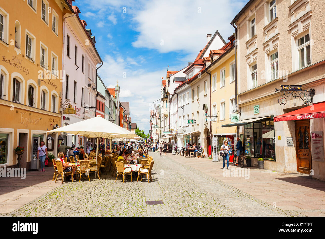 FUSSEN, GERMANY - MAY 23, 2017: Street cafe in the Fussen old town city ...