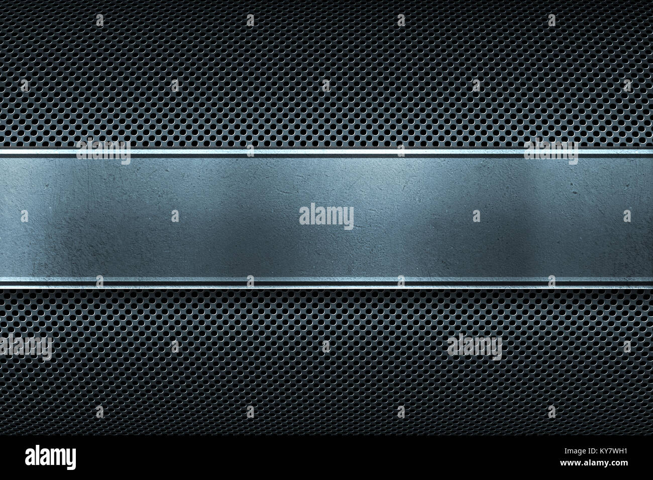 Colored perforated metal plate with polished metal plate banner, place ...