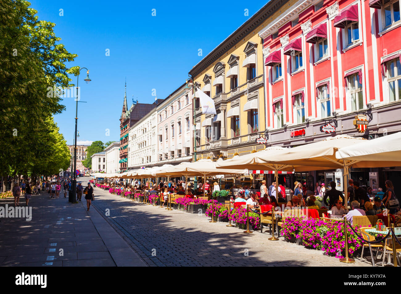 OSLO, NORWAY - JULY 20, 2017: Street cafe at the Karl Johans Gate, the ...