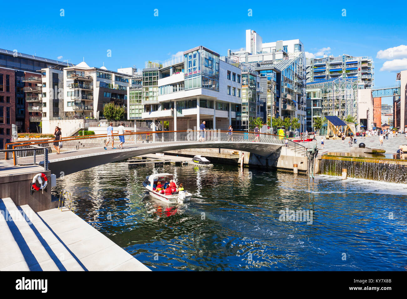 OSLO, NORWAY - JULY 20, 2017: Bridge through canal at the Aker Brygge ...
