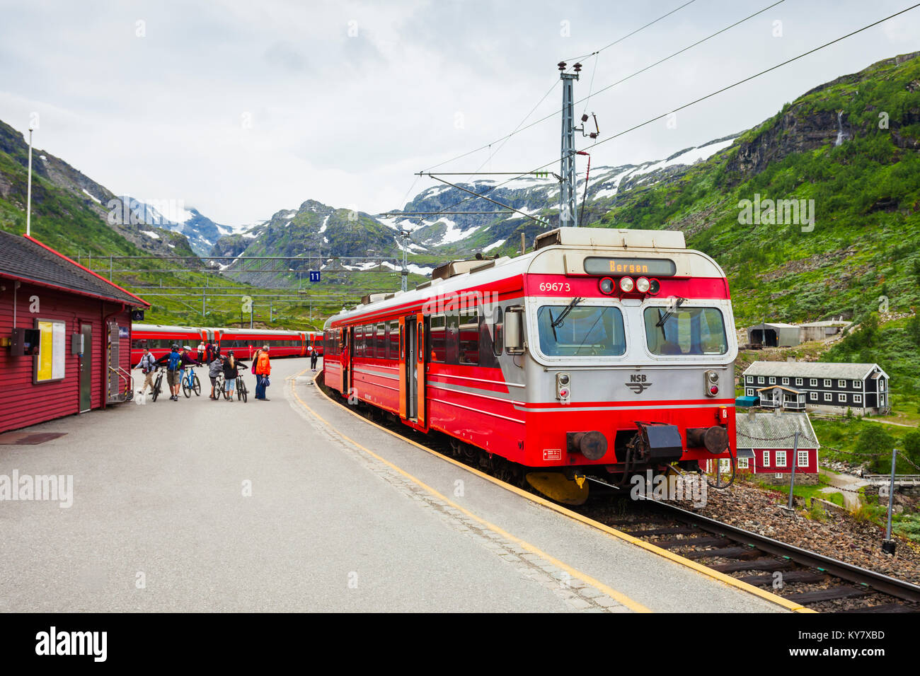 FLAM, NORWAY - JULY 26, 2017: Train at the Myrdal railway station before start to the Flam ...
