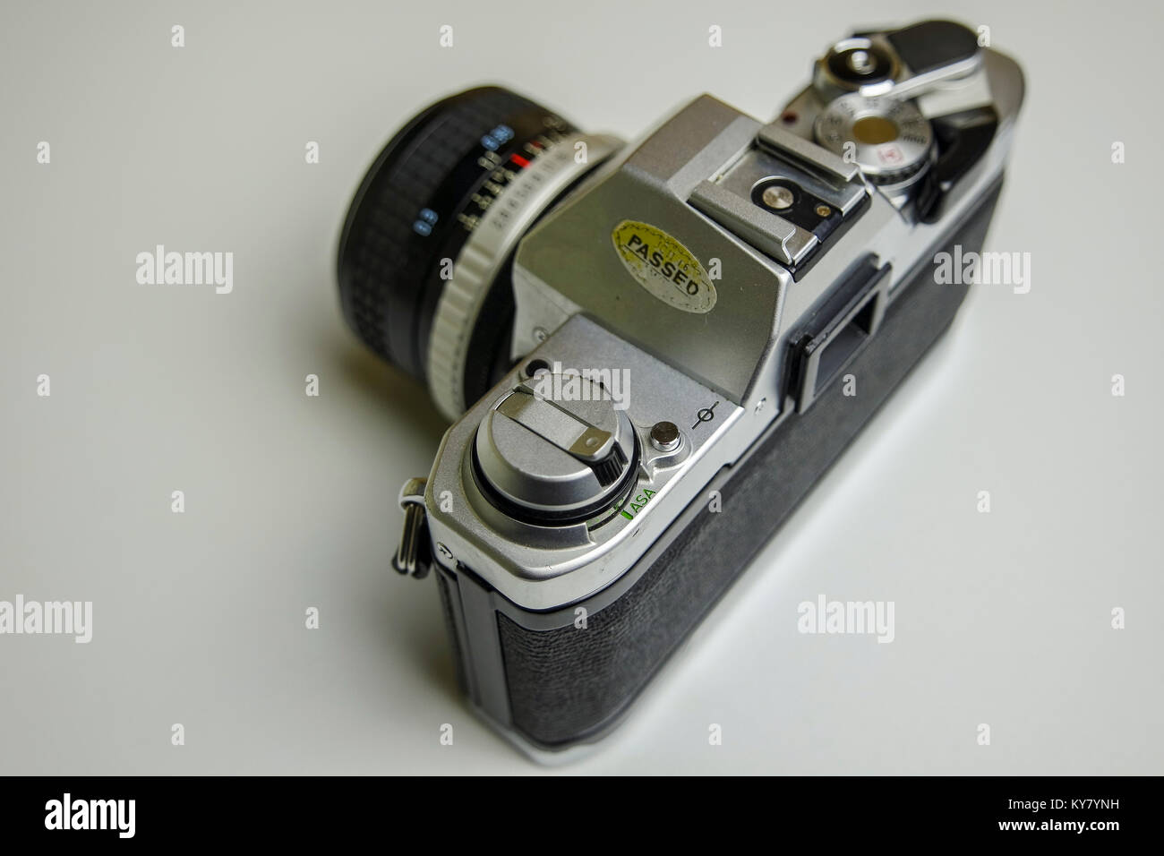 Vintage 35mm Film Camera With Passed Sticker Stock Photo - Alamy