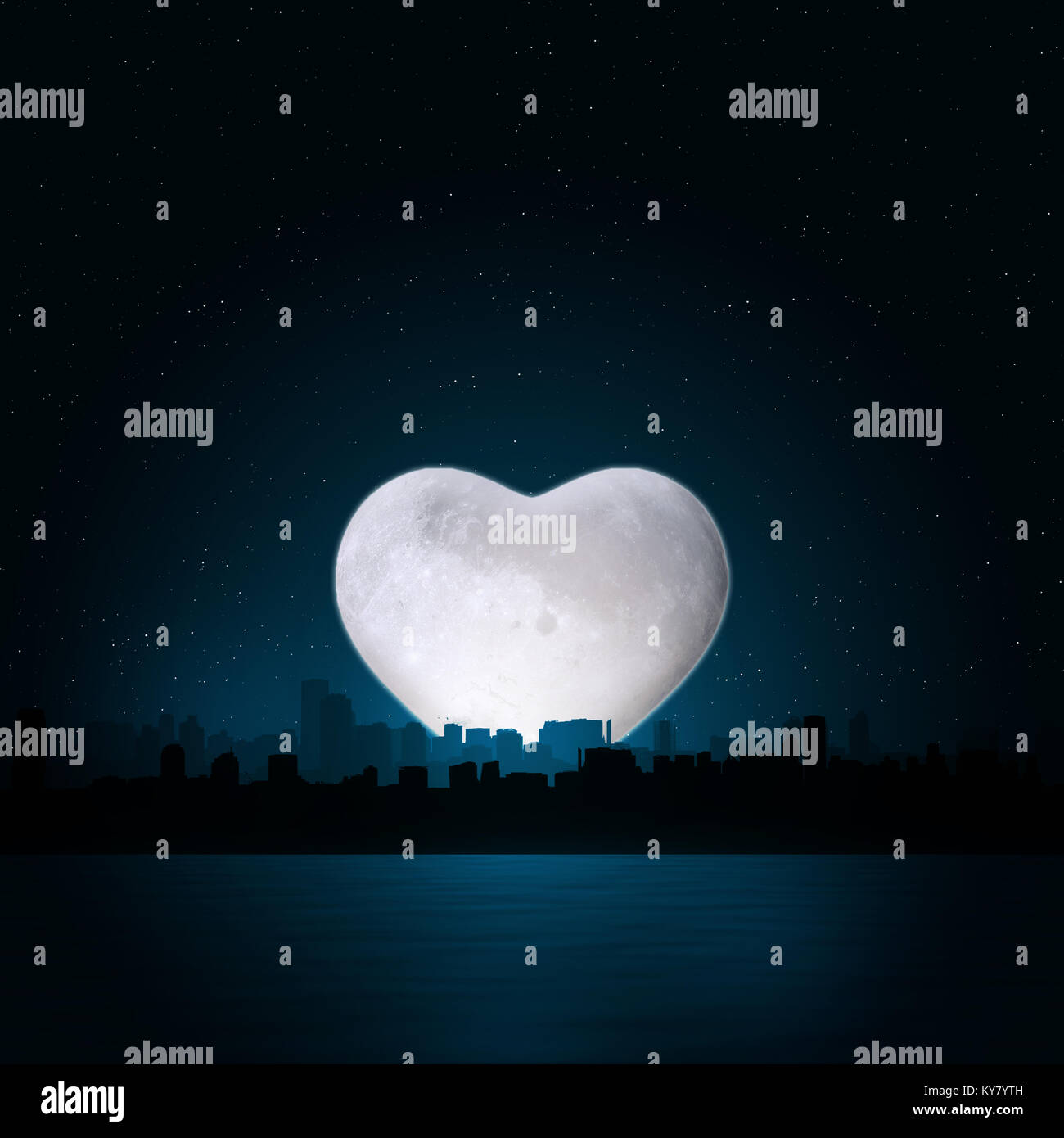 big heart shape moon above city skyline Stock Photo - Alamy