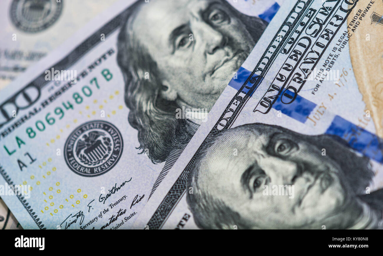 close up of USA banknotes, 100 us dollar note, 50 us dollar notes, 20 ...