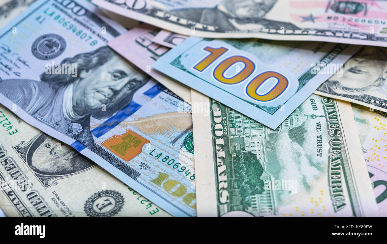 close up of USA banknotes, 100 us dollar note, 50 us dollar notes, 20 ...