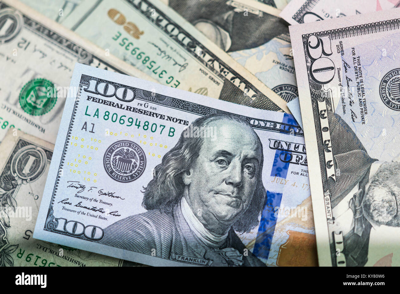 close up of USA banknotes, 100 us dollar note, 50 us dollar notes, 20 ...