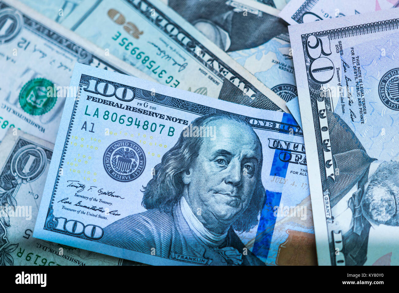 close up of USA banknotes, 100 us dollar note, 50 us dollar notes, 20 ...