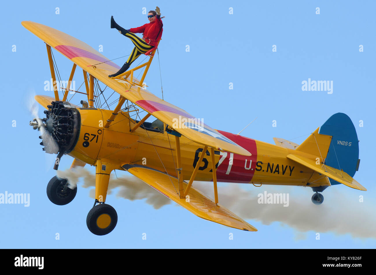 Girl Wingwalking on a Boeing Stearman biplane flying at Little Gransden ...