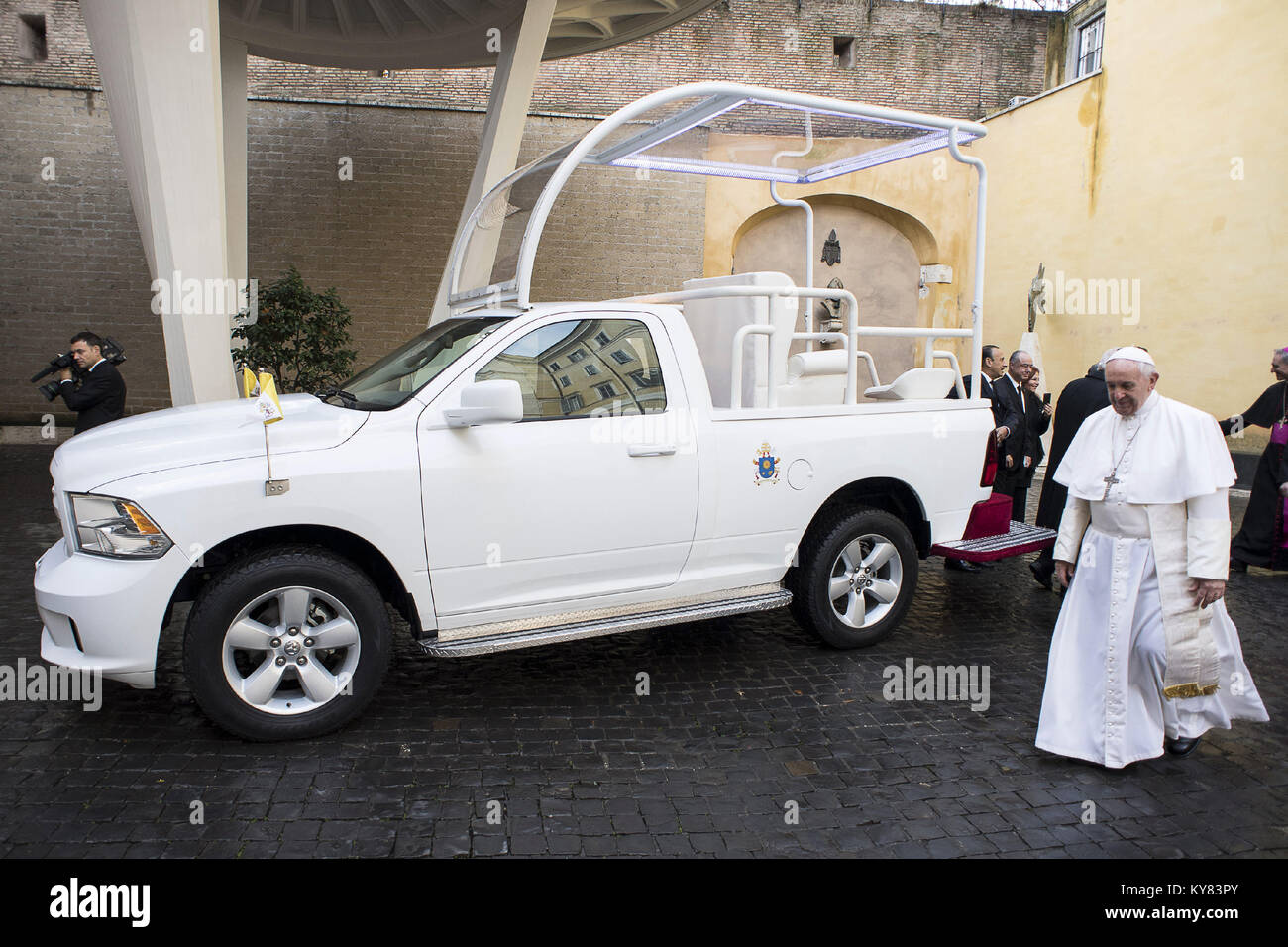 Pope Francis receives the Popemobile Dodge as a gift Featuring: Pope ...