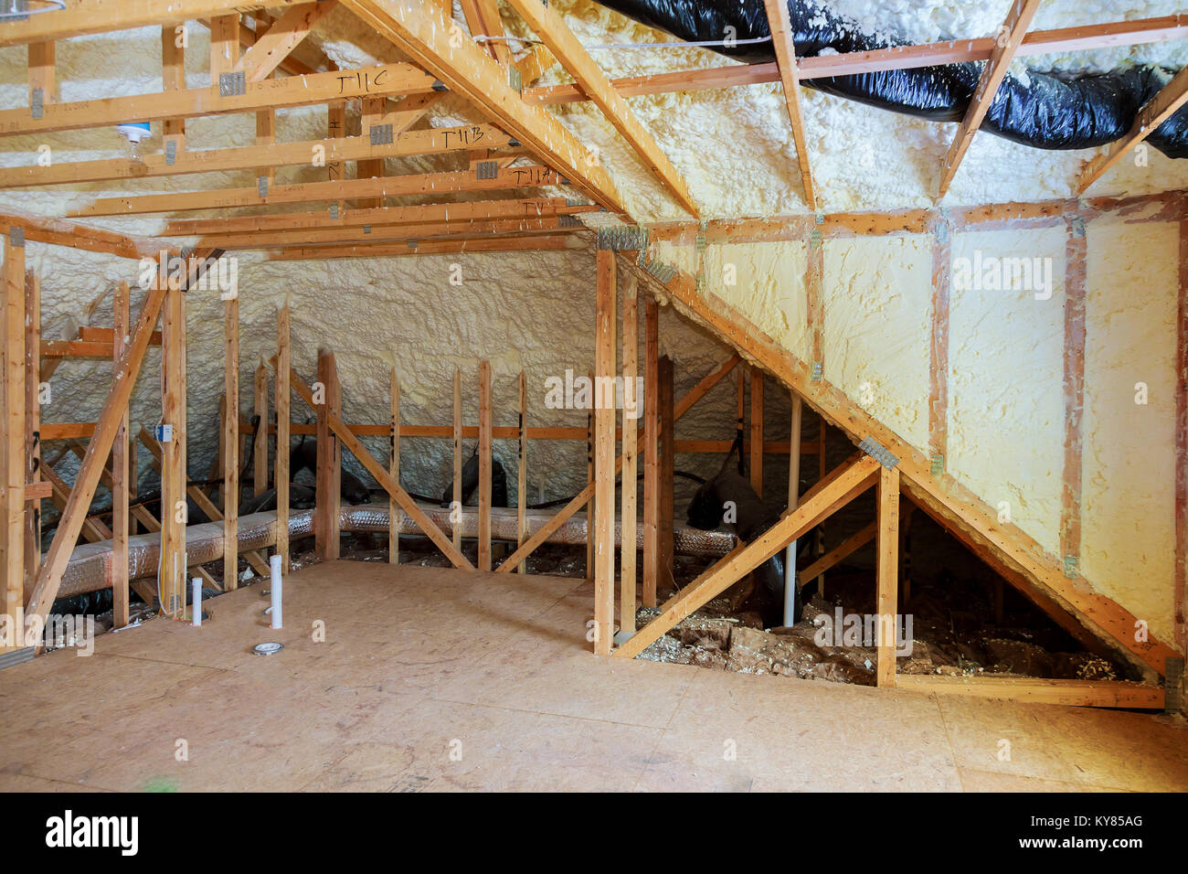 Inside wall heat isolation with mineral wool in wooden house, building ...