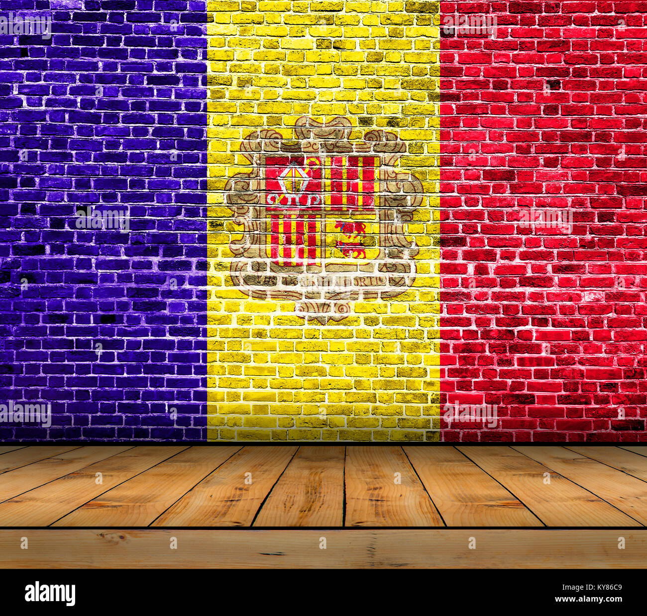 Andorra flag painted on brick wall with wooden floor Stock Photo - Alamy