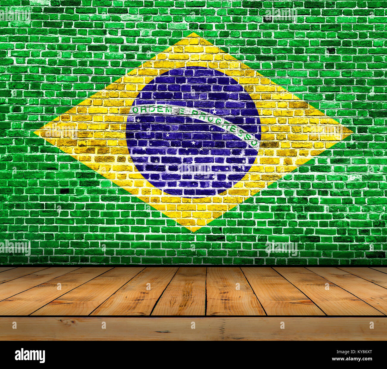 Brasil flag painted on brick wall with wooden floor Stock Photo - Alamy