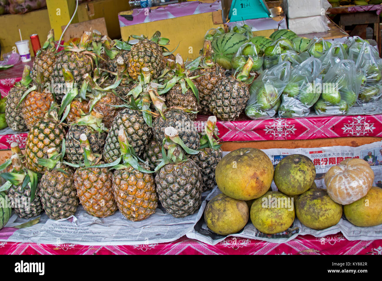 Pineapple and other tropical fruit on Display at Kota Kinabalu Market ...
