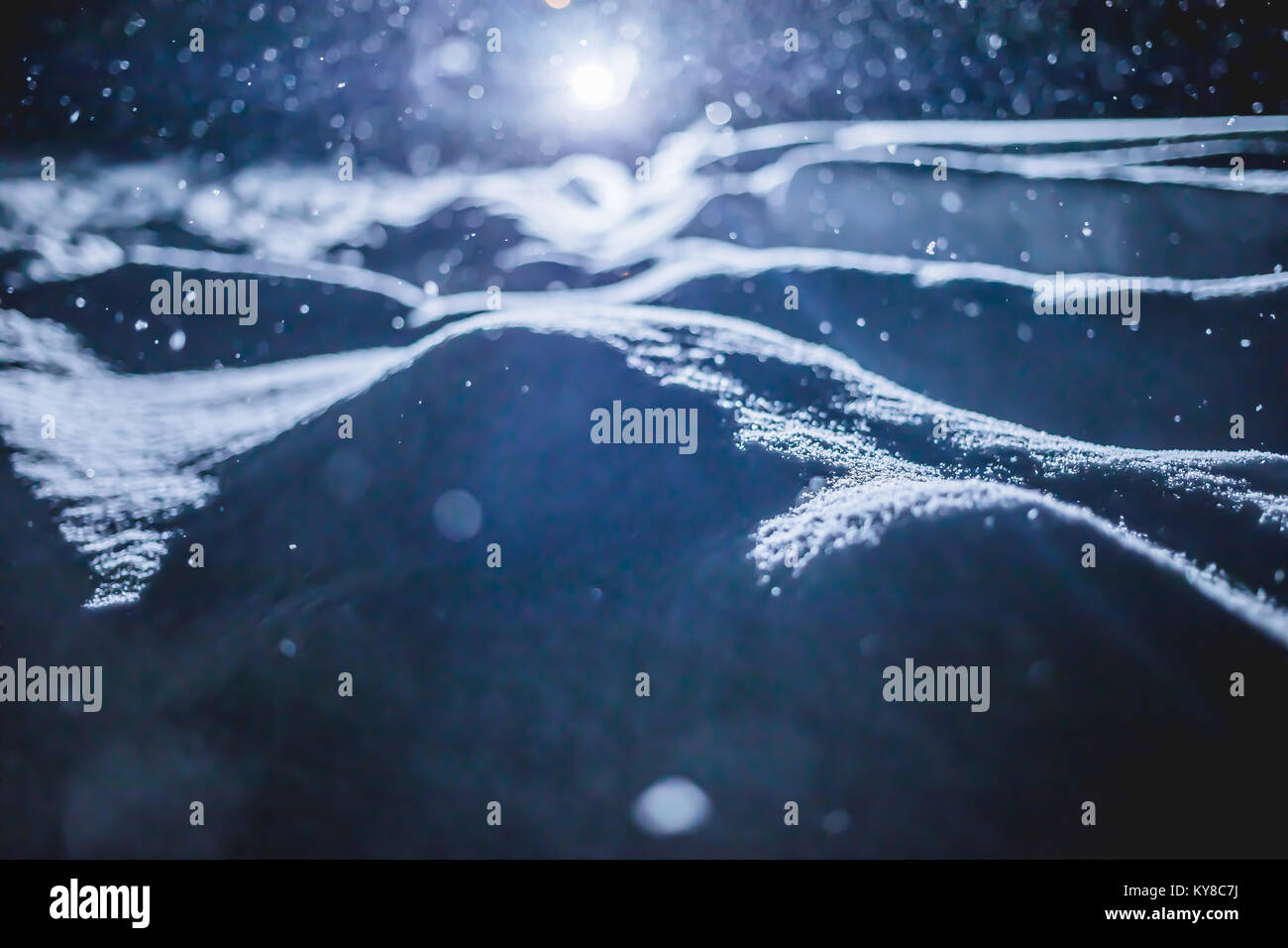 Backlighted Snow Texture and Lens Flare during Snowstorm at Night Stock ...