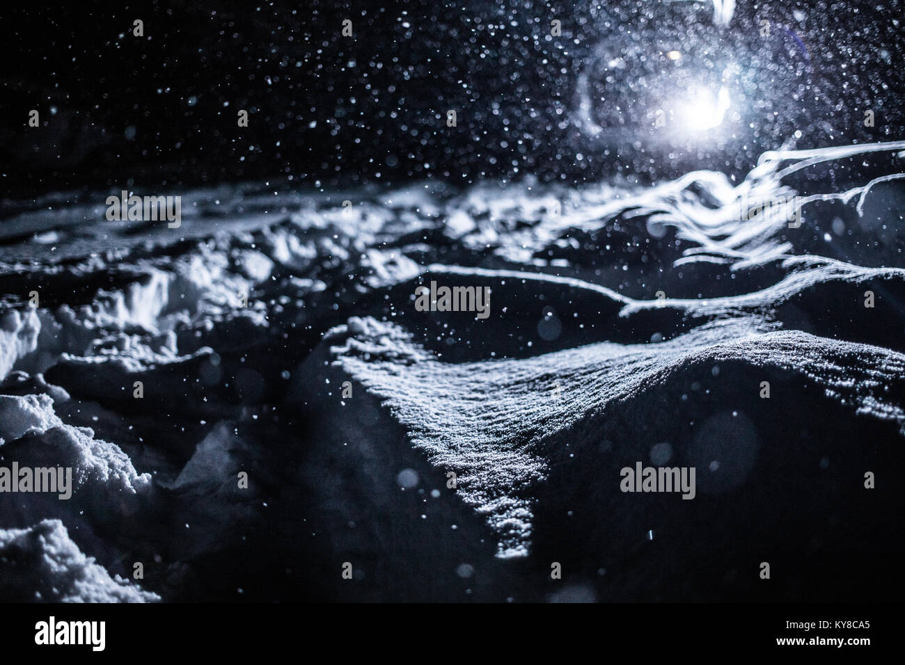 Backlighted Snow Texture and Lens Flare during Snowstorm at Night Stock ...