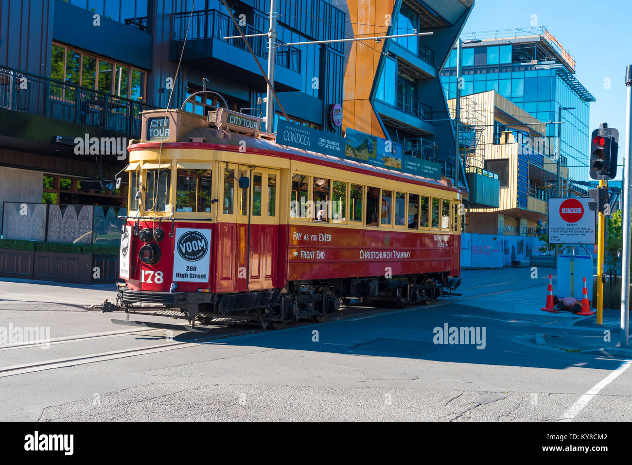Christchurch, New Zealand - October 31, 2017 : The vintage red tram ...