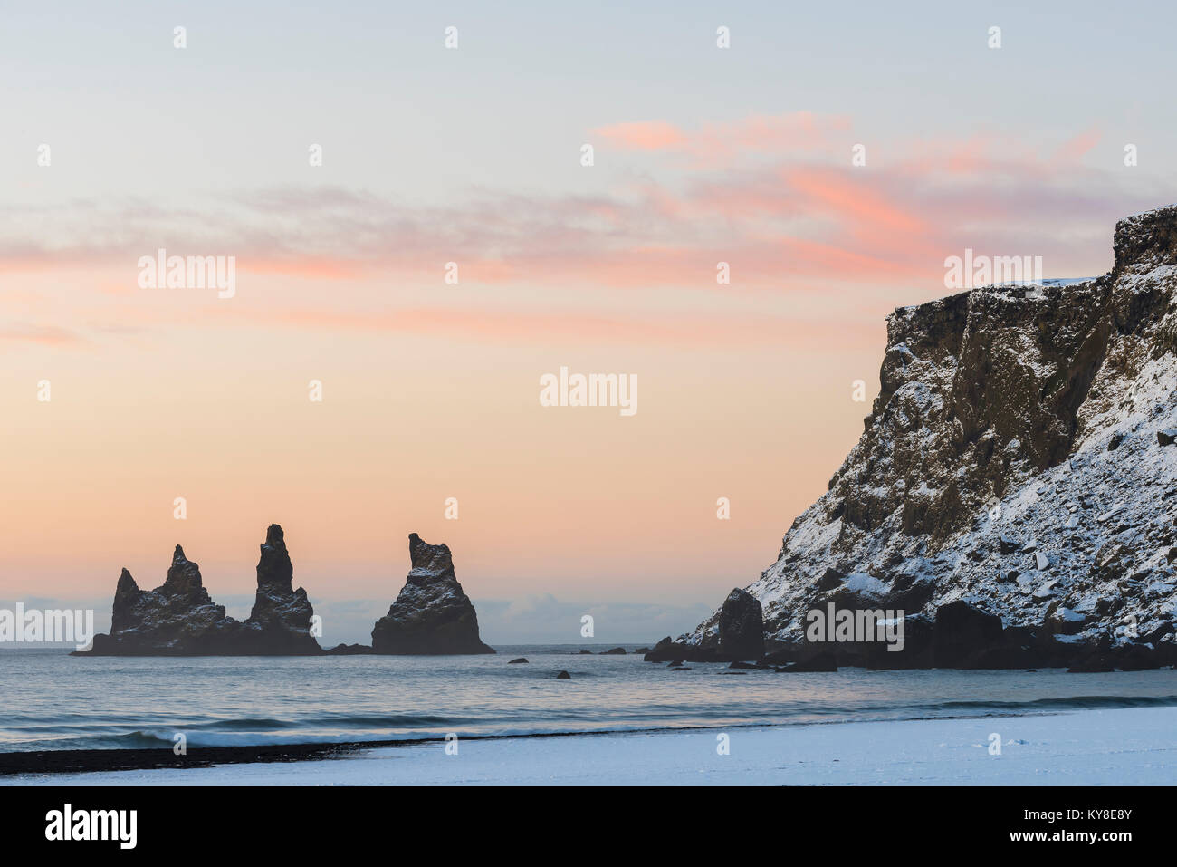 Sea stacks (Reynisdrangar) from Vik beach. Iceland. Mid-November, by ...