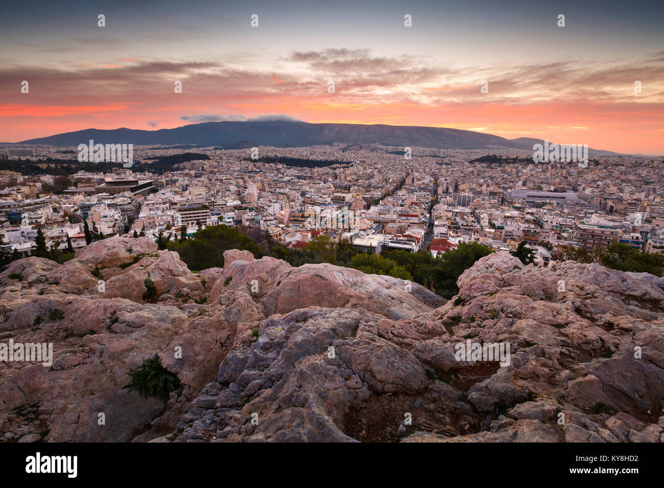 View of Athens from Filopappou hill at sunrise, Greece Stock Photo - Alamy