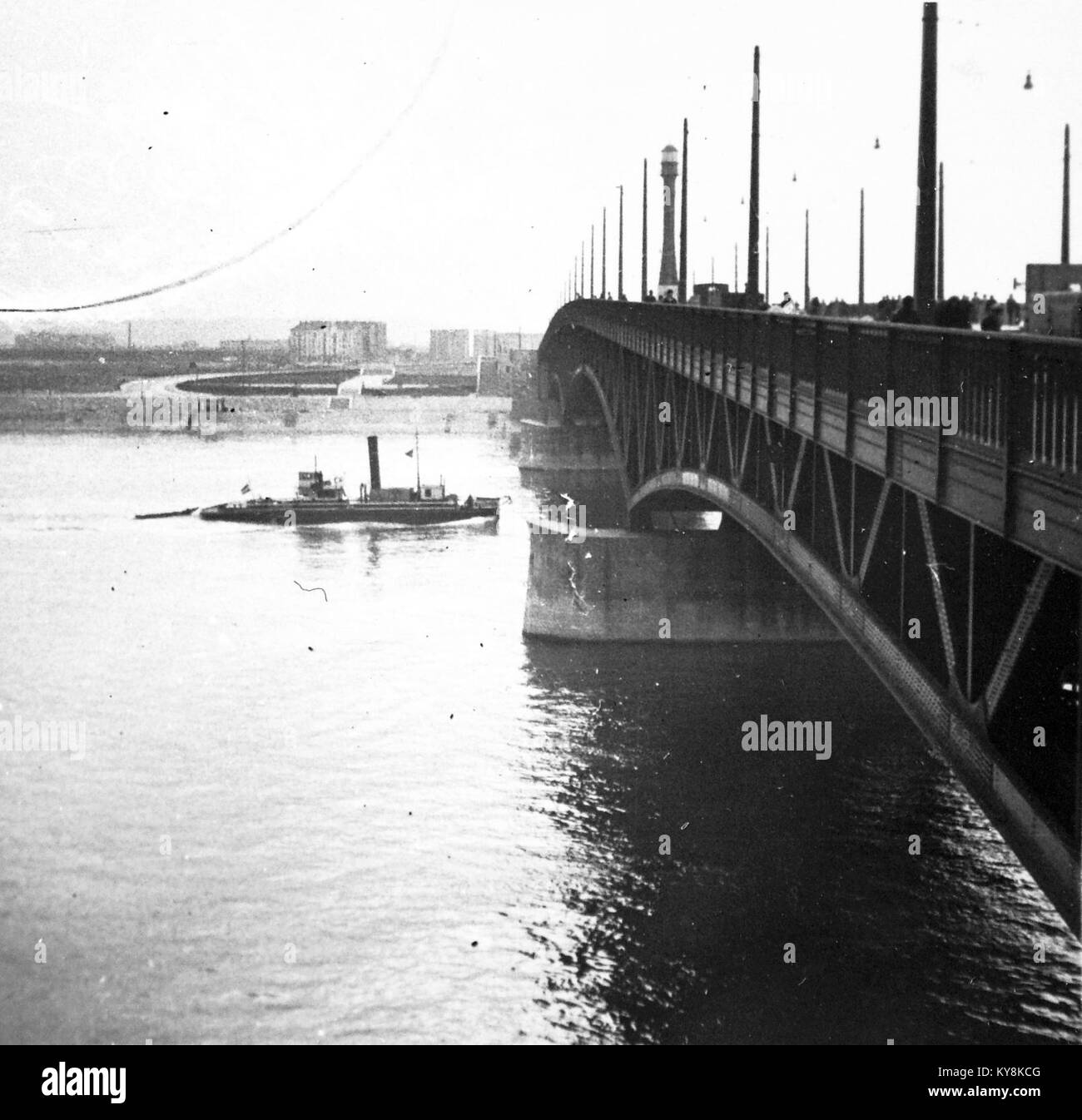 A historical photograph showing the Petofi Bridge in Budapest, Hungary ...