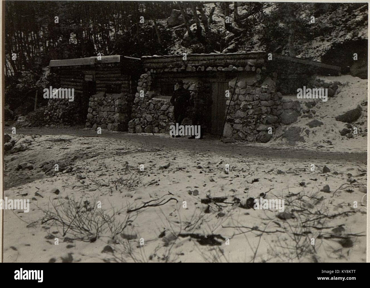 This image shows a combined stone and block hut at a military or ...