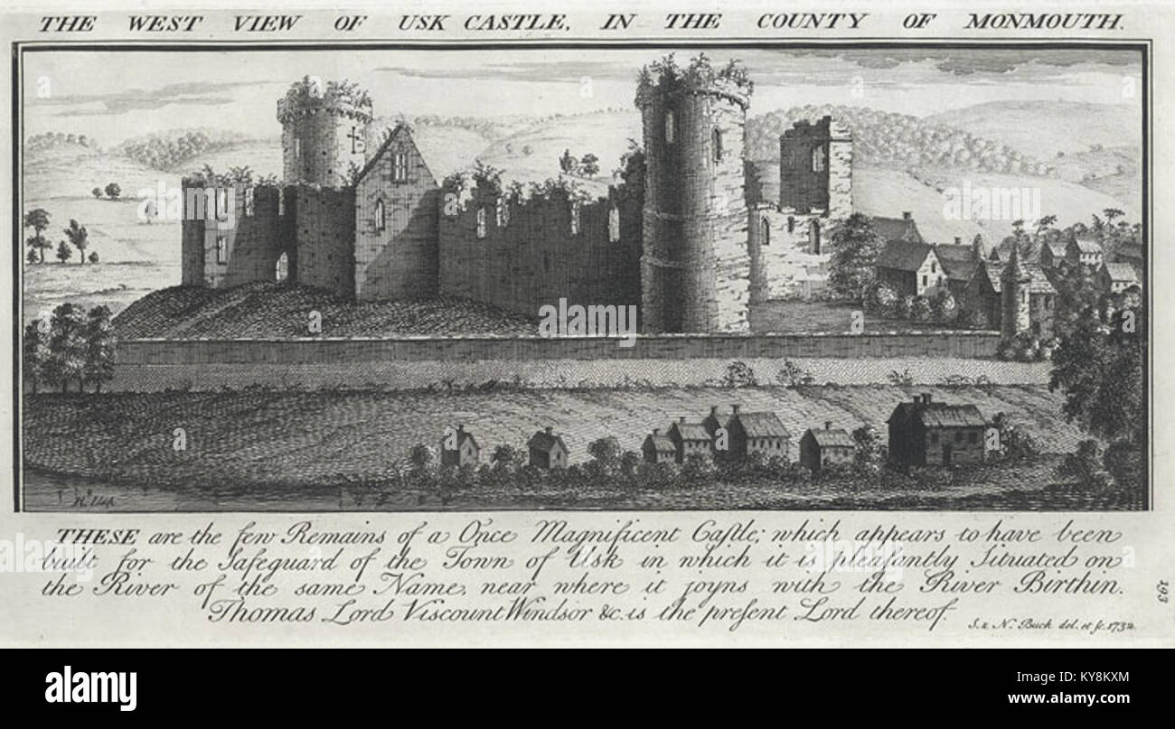 A depiction of the west view of Usk Castle in Monmouth County, Wales ...