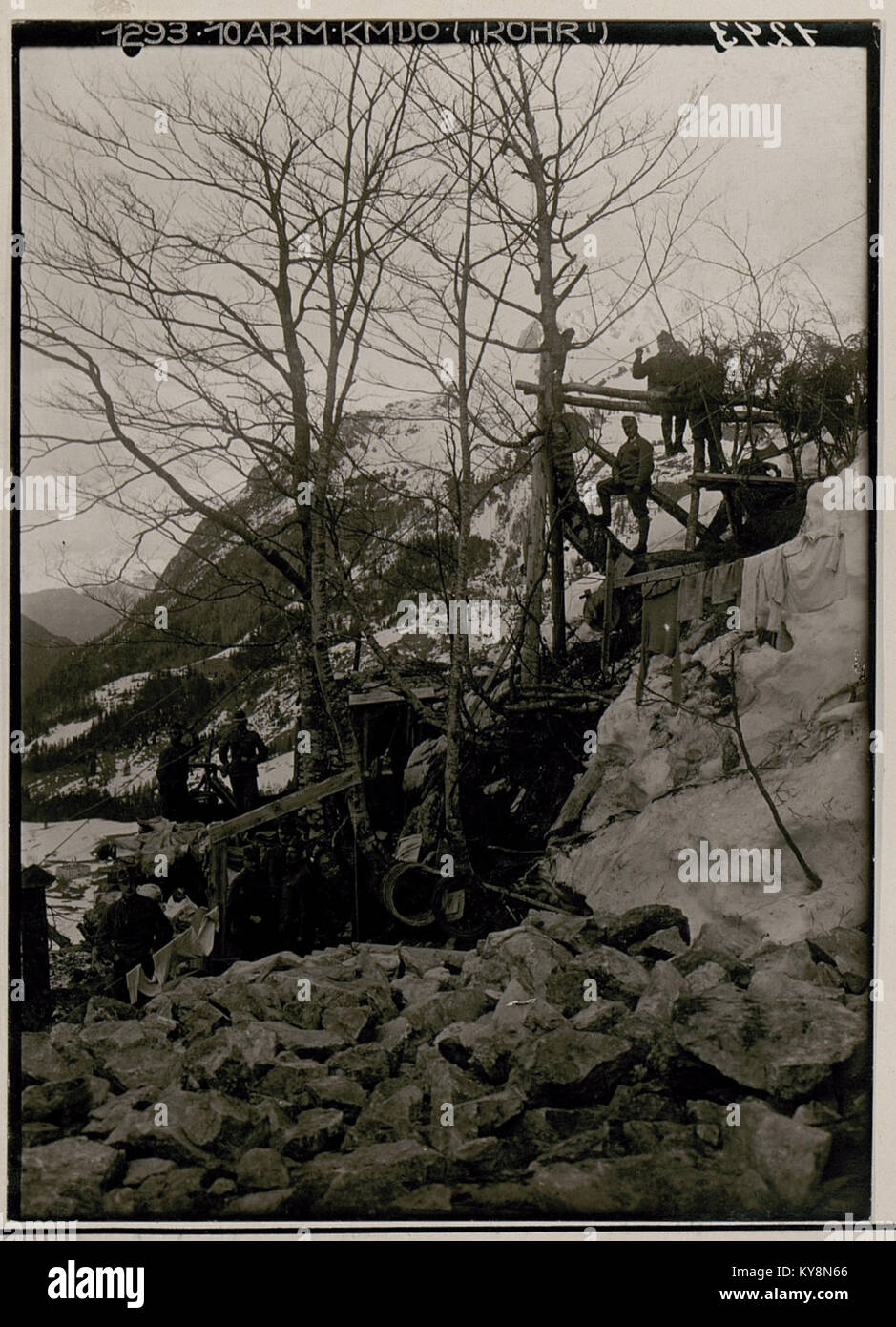 A historical photograph showing a machine gun emplacement on the ...