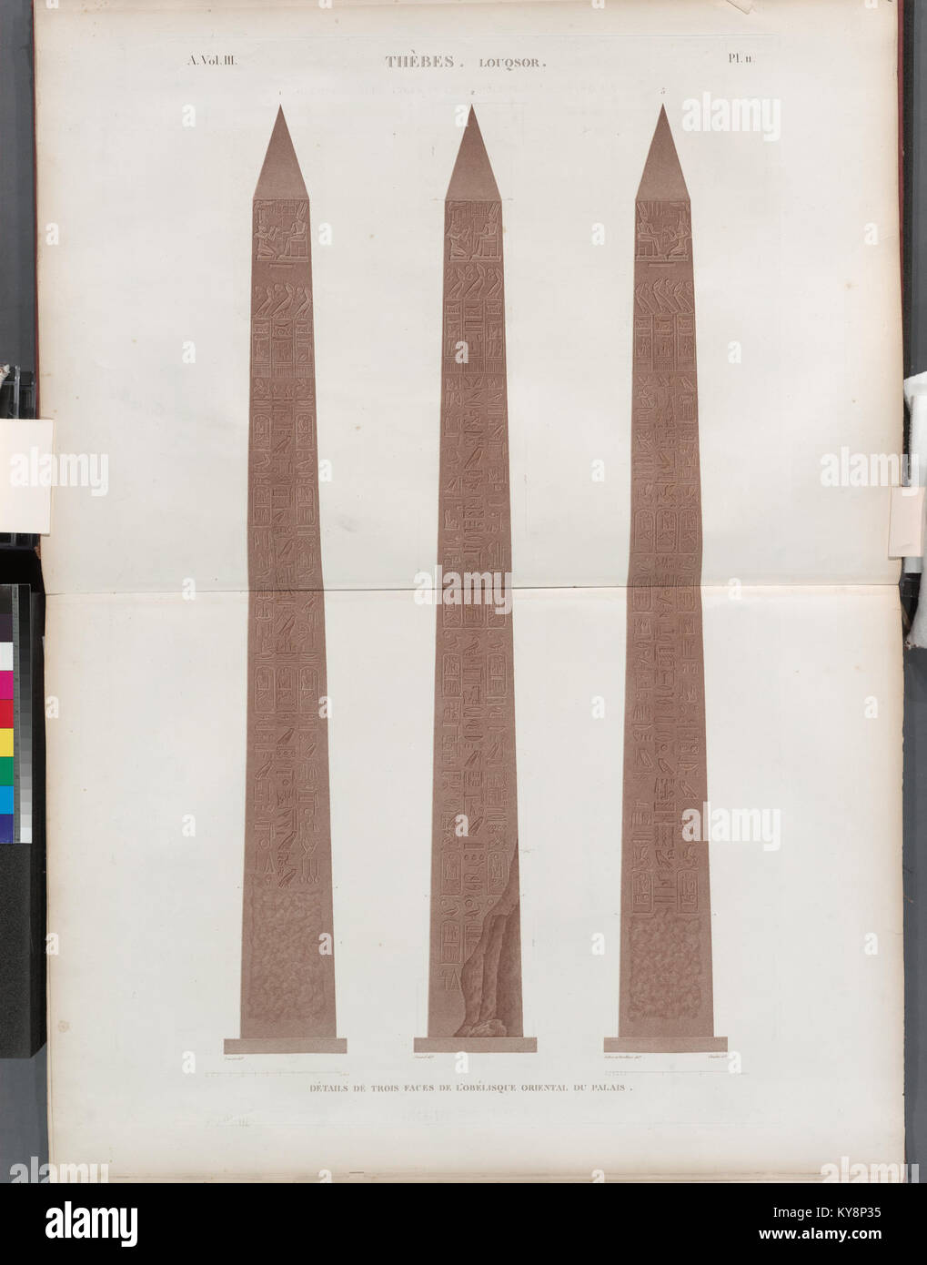 This image shows detailed views of three faces of the eastern obelisk ...