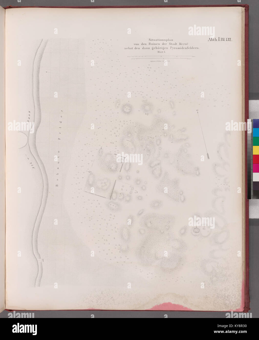 This map details the ruins of Meroë, an ancient city in Sudan, along ...