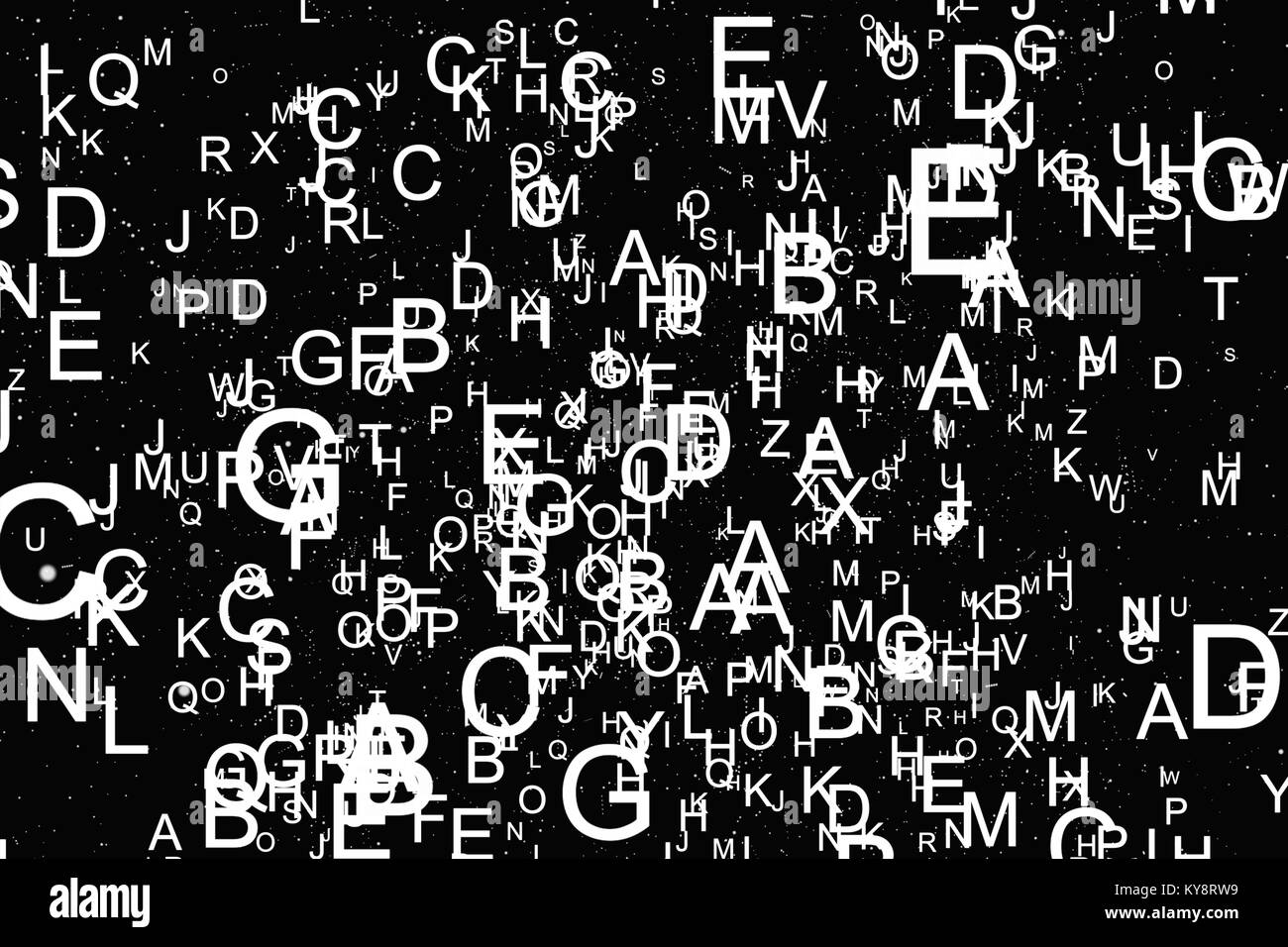 Abstract white alphabet fly on black background Stock Photo - Alamy