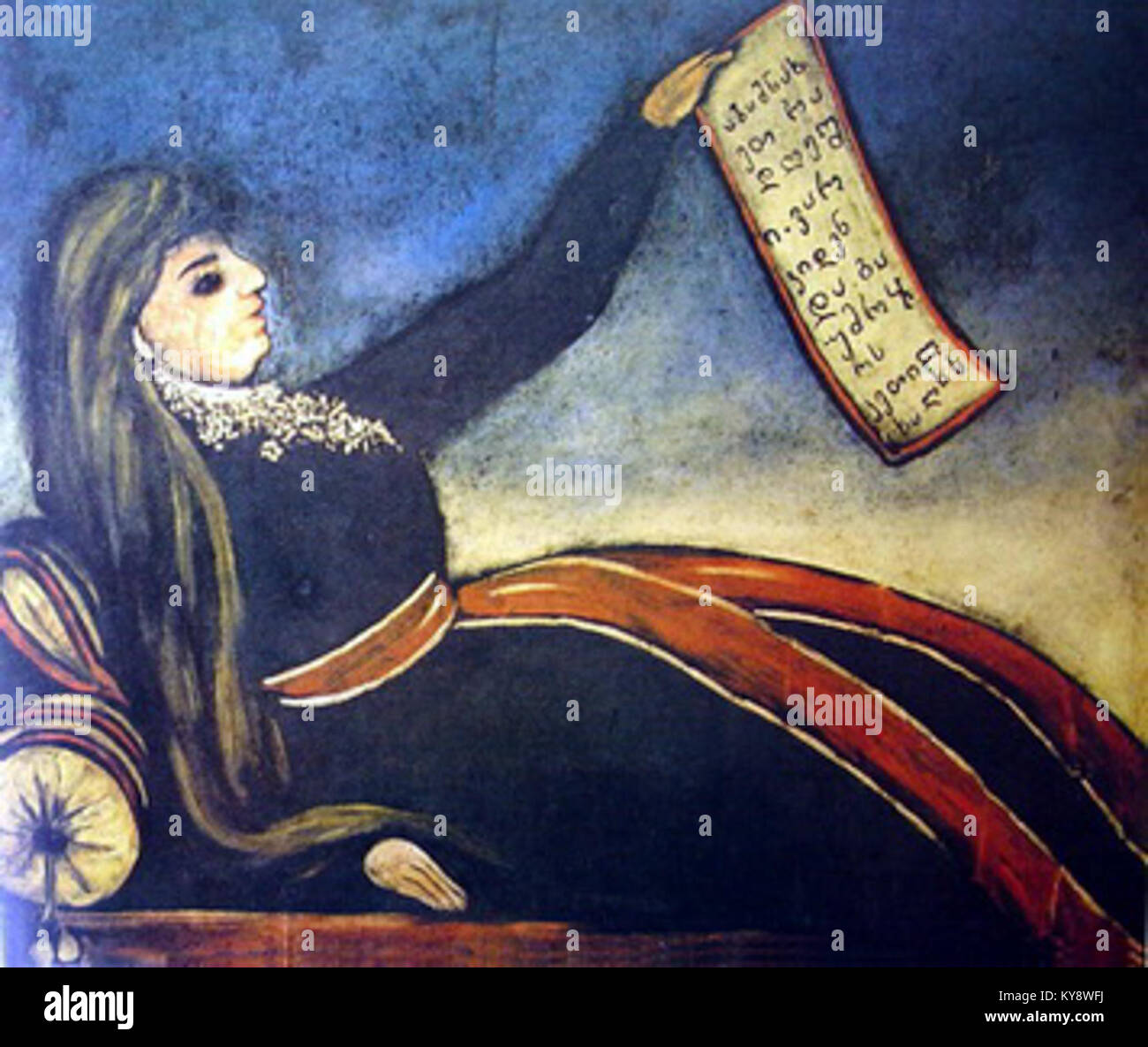 A painting by Niko Pirosmani, titled 'Reclining Woman,' depicting a ...