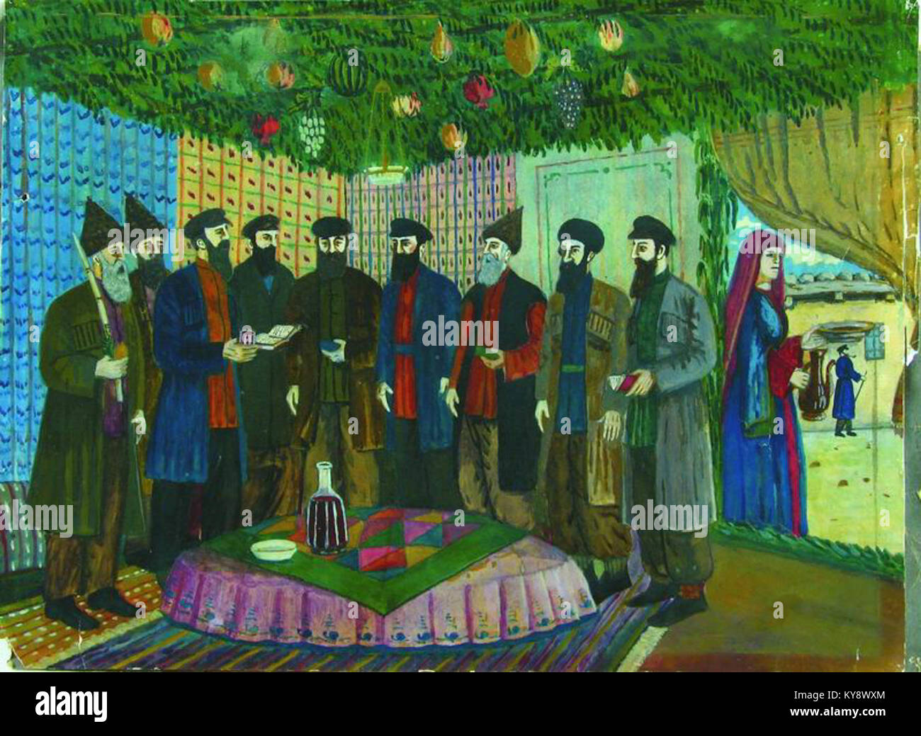 This artwork by Shalom Koboshvili depicts the Feast of Sukkot prayers ...