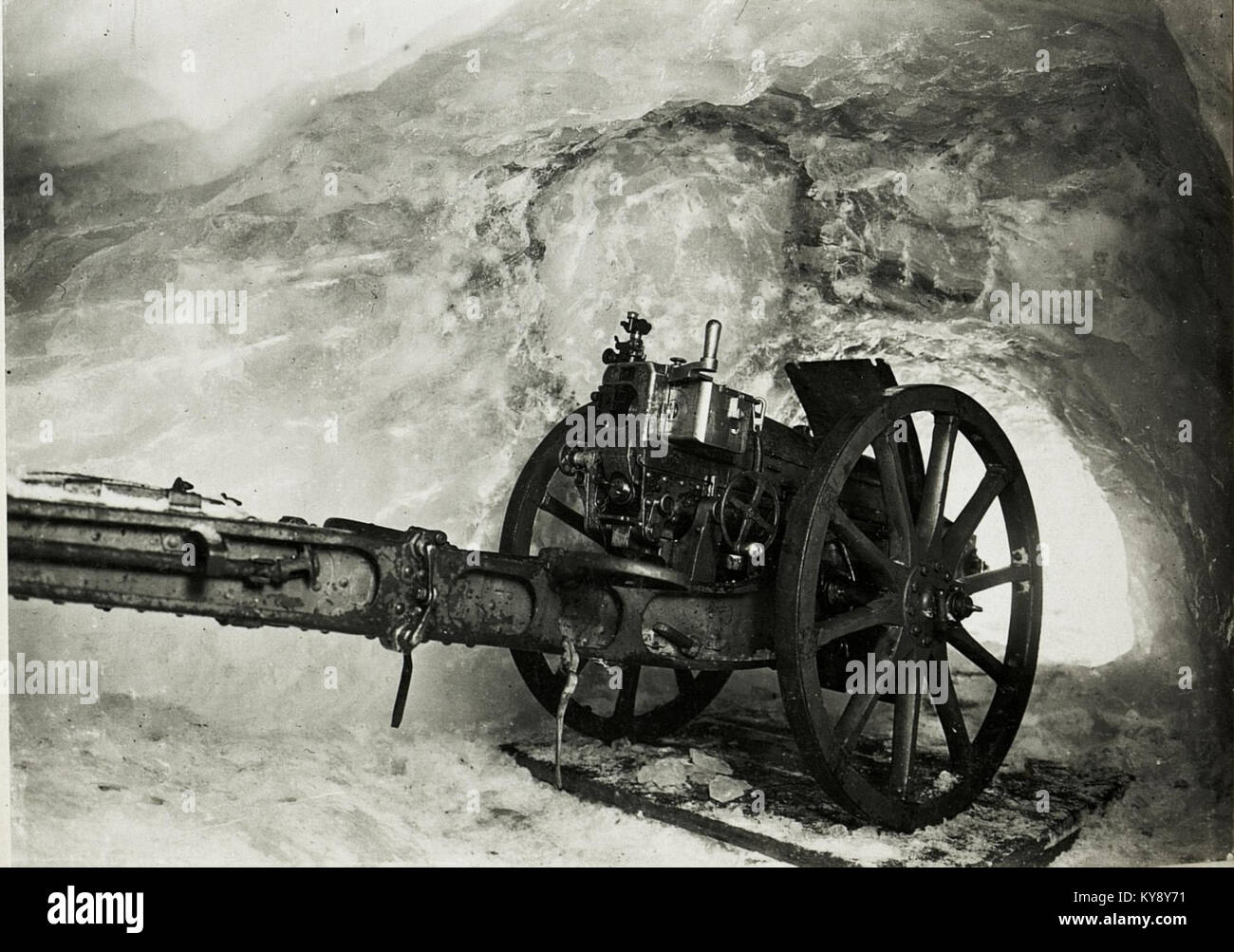 This image shows artillery positioned in the Marmolata Ice Cave in the ...