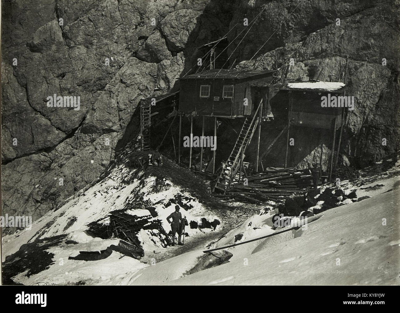 Viewpoint on Marmolata in the Dolomites, showing the cable car station ...