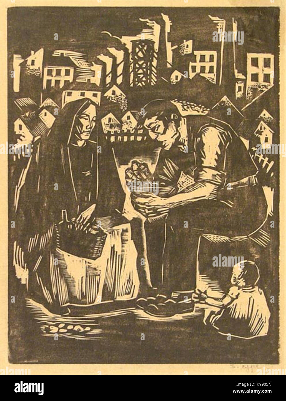 A painting by Samuel Cygler from 1930, depicting a meal scene ...